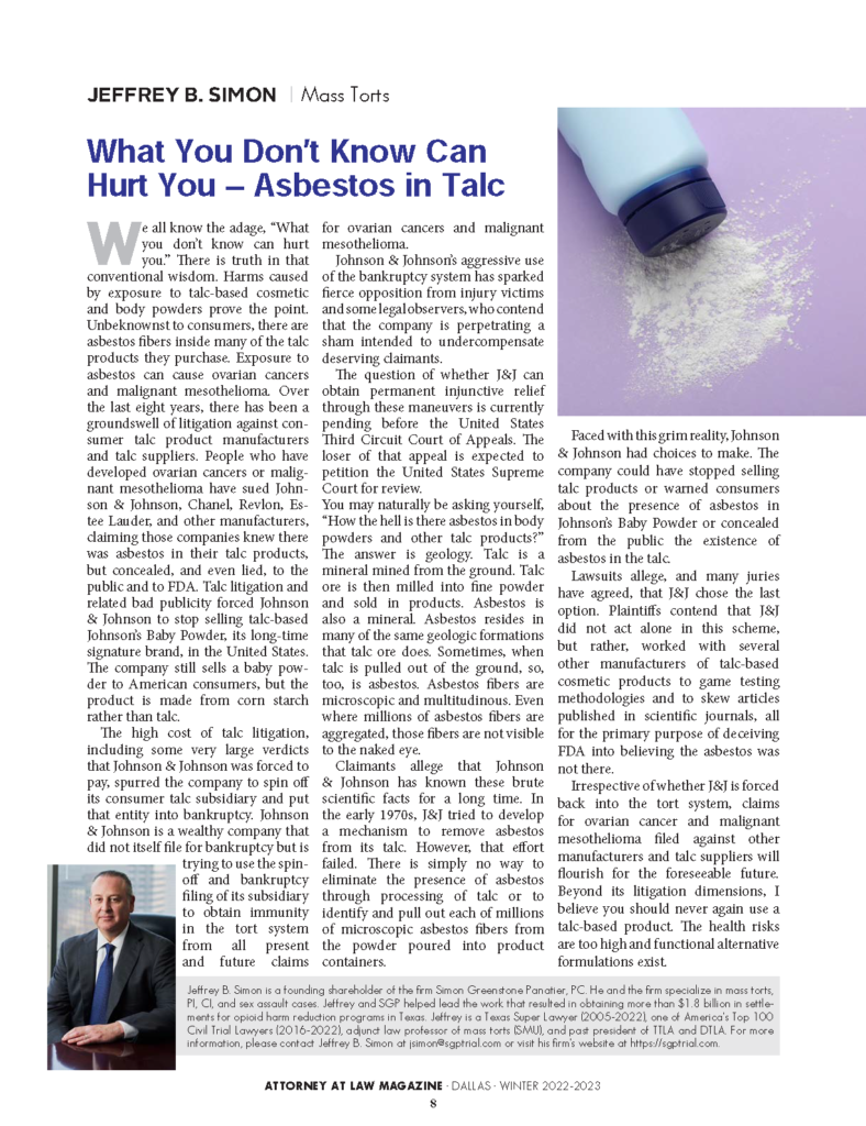 What You Don’t Know Can Hurt You – Asbestos in Talc – Jeffrey B. Simon